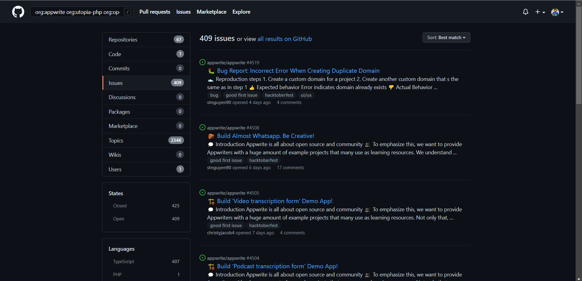 🐛 Bug Report Incorrect Issues Count · Issue 4547 · Appwriteappwrite · Github 5800