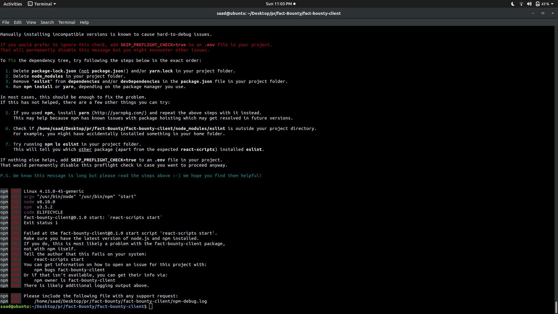 A different version of eslint was detected higher up in the tree in the react-scripts package ...