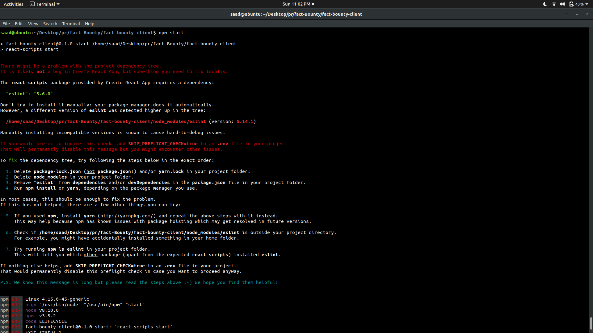 A different version of eslint was detected higher up in the tree in the react-scripts package ...
