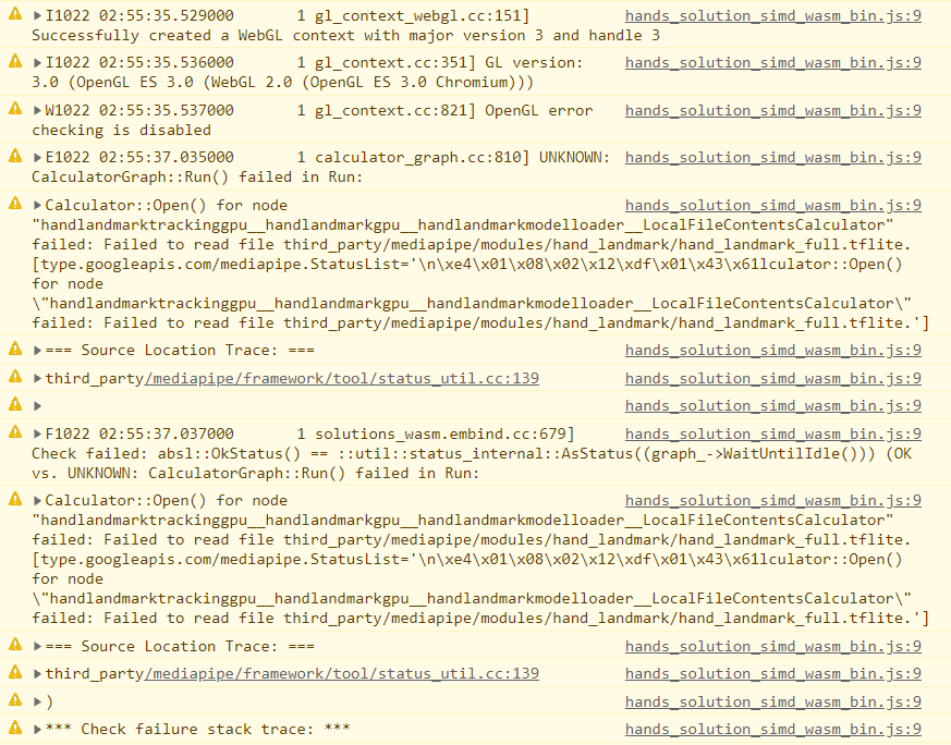 Uncaught (in promise) RuntimeError: abort(undefined) at Error - hands_solution_simd_wasm_bin.js ...