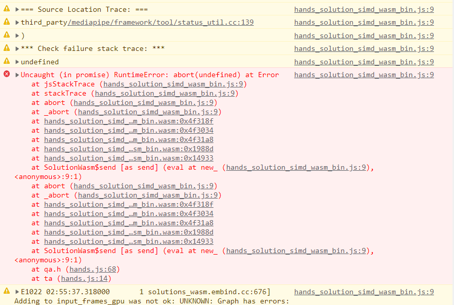 Uncaught (in promise) RuntimeError: abort(undefined) at Error - hands_solution_simd_wasm_bin.js ...