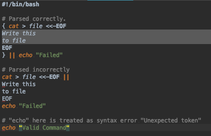Logical operator after here document limit string causes first character on here document ...