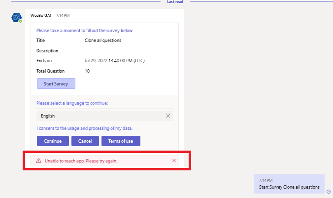 Unable to reach app. Please try again issue during submit action in adaptive cards · Issue #6559 ...