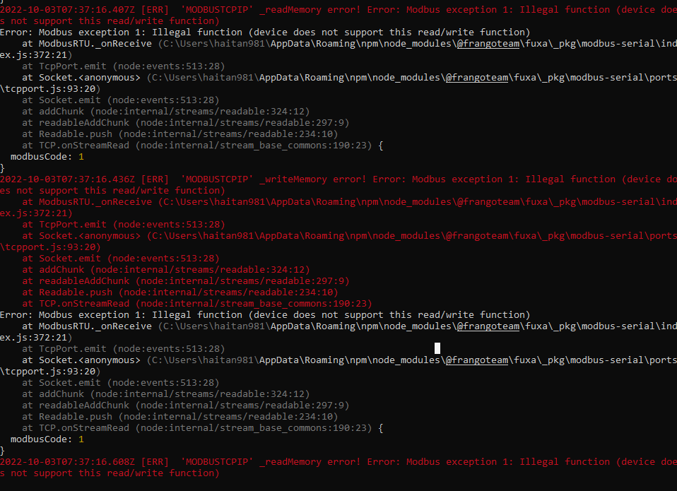 Modbustcpip Readmemory Error Error Modbus Exception 1 Illegal Function Device Does Not