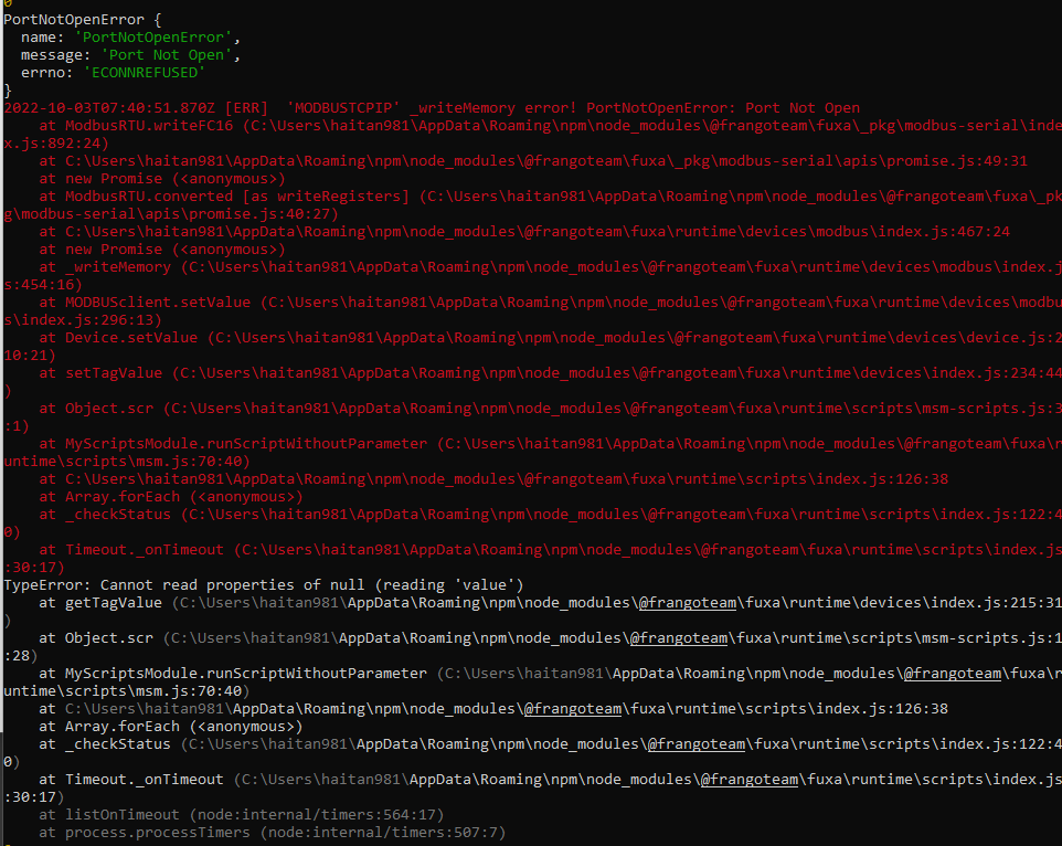 'MODBUSTCPIP' _readMemory error! Error: Modbus exception 1: Illegal function (device does not ...
