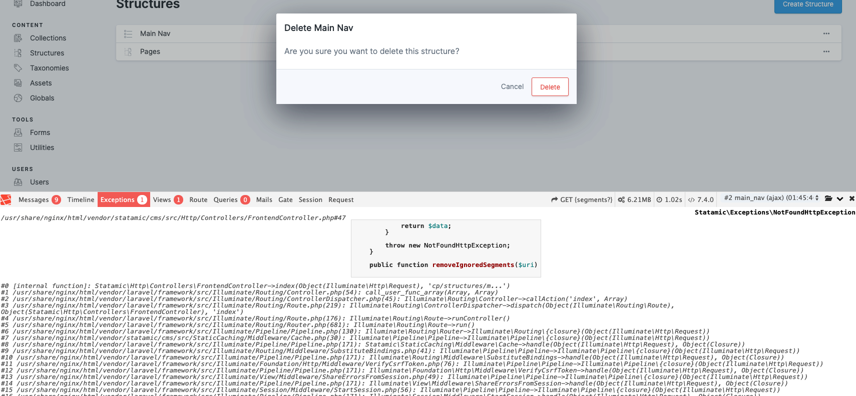 Error when deleting a structure · Issue #1074 · statamic/cms · GitHub