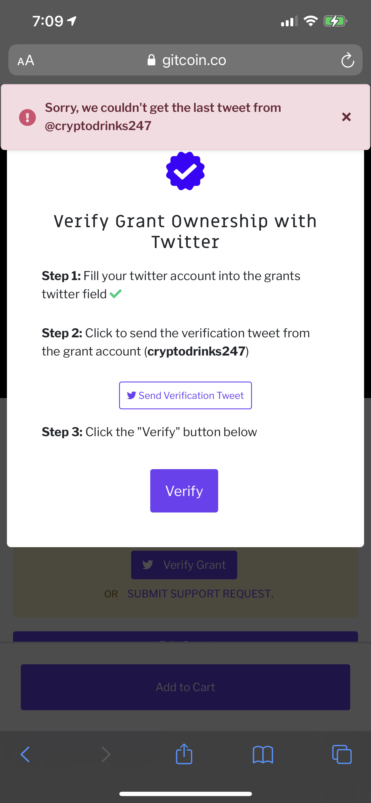 Unable to verify Twitter of cryptodrinks247 · Issue #9352 · gitcoinco/web · GitHub