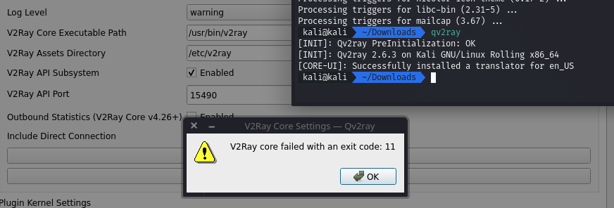 使用疑问：V2Ray Core Check exit code 11 on Kali · Issue #1191 · Qv2ray/Qv2ray · GitHub