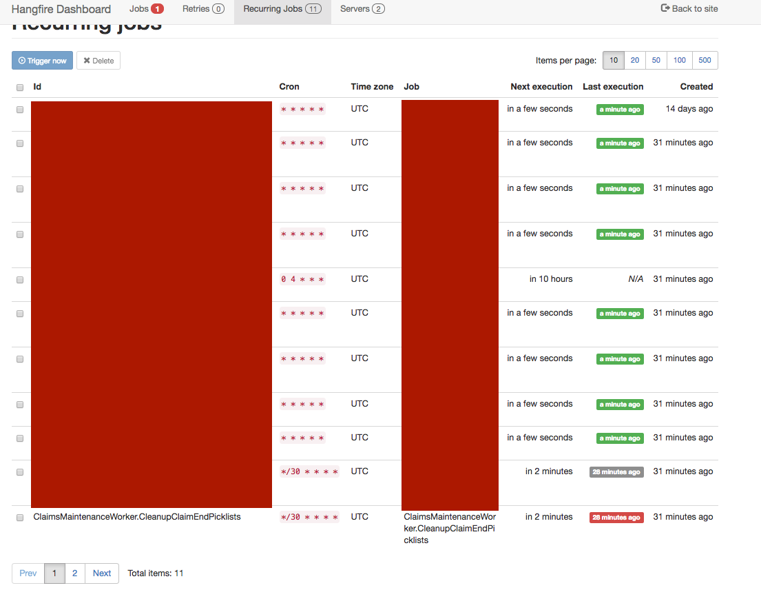 Recurring Jobs Page - When there are 11 jobs, the 11th shows up on both the first and second ...
