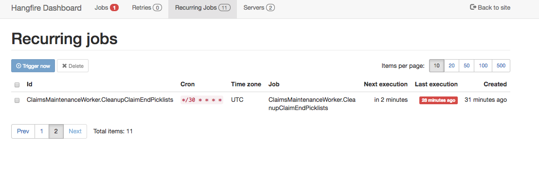 Recurring Jobs Page - When there are 11 jobs, the 11th shows up on both the first and second ...