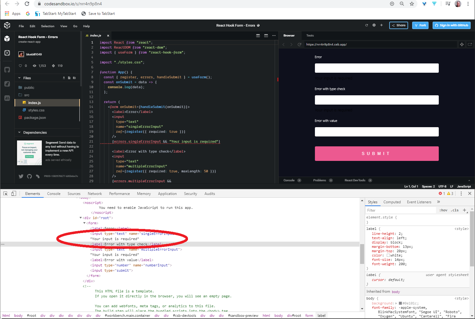 Problem With Error Display Demo can t Style Error Message Issue 1126 React hook form 
