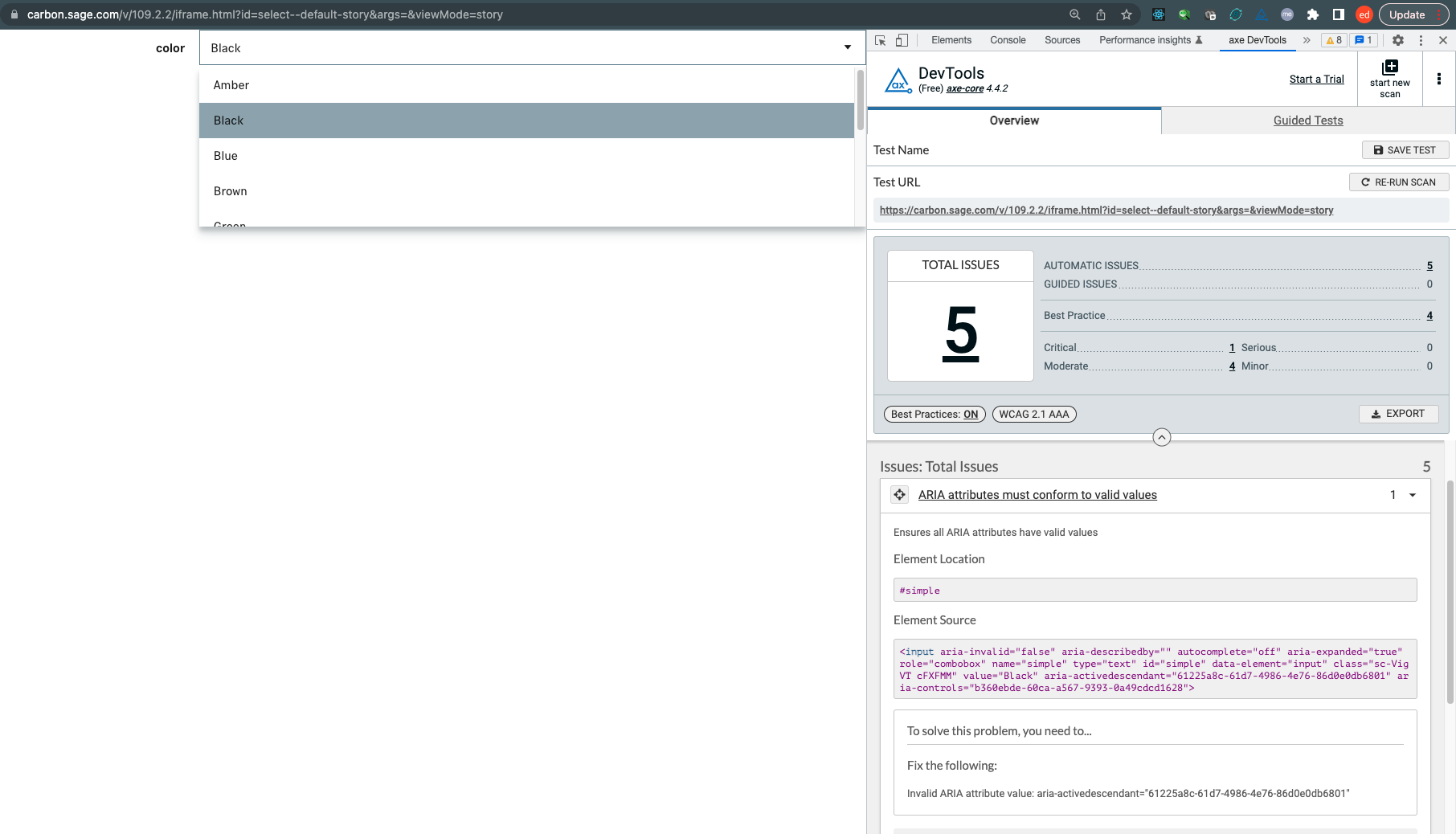 Select - Axe Dev tool violation - ARIA attributes must conform to valid ...
