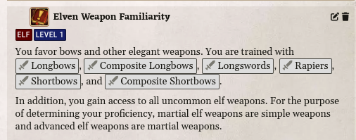 [Remastered] Elven Weapon Familiarity doesn't link to weapons · Issue #11402 · foundryvtt/pf2e ...