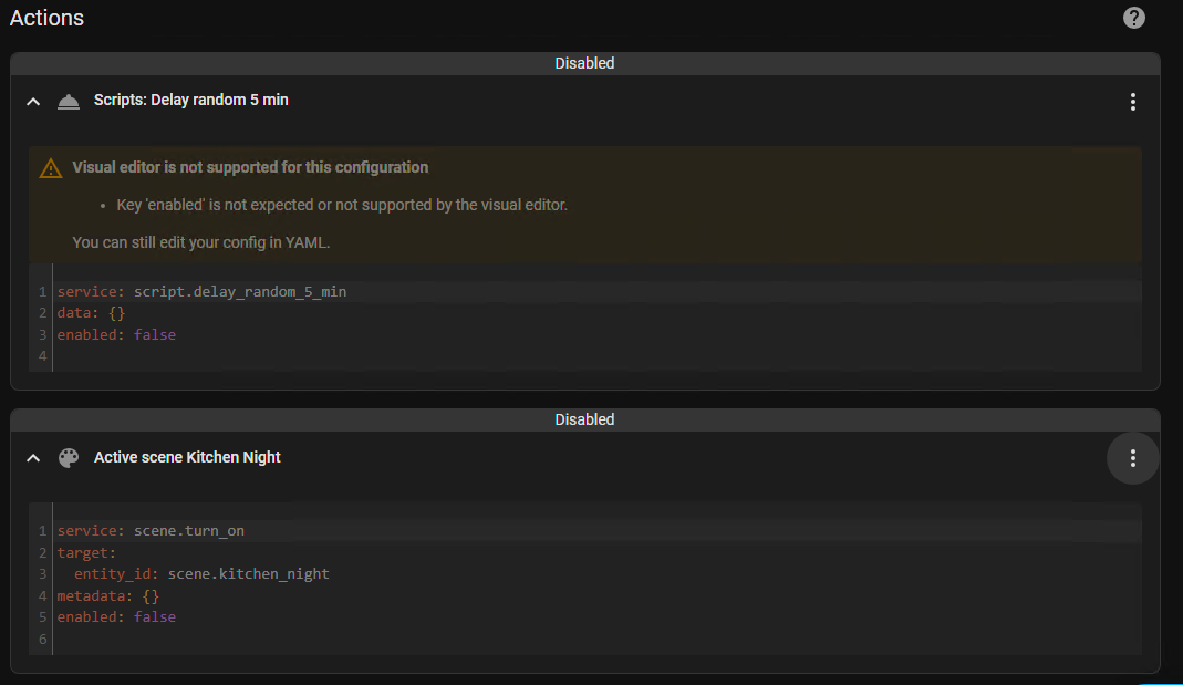 Automation: disabling action shows "Key 'enabled' is not expected or not supported by the visual ...