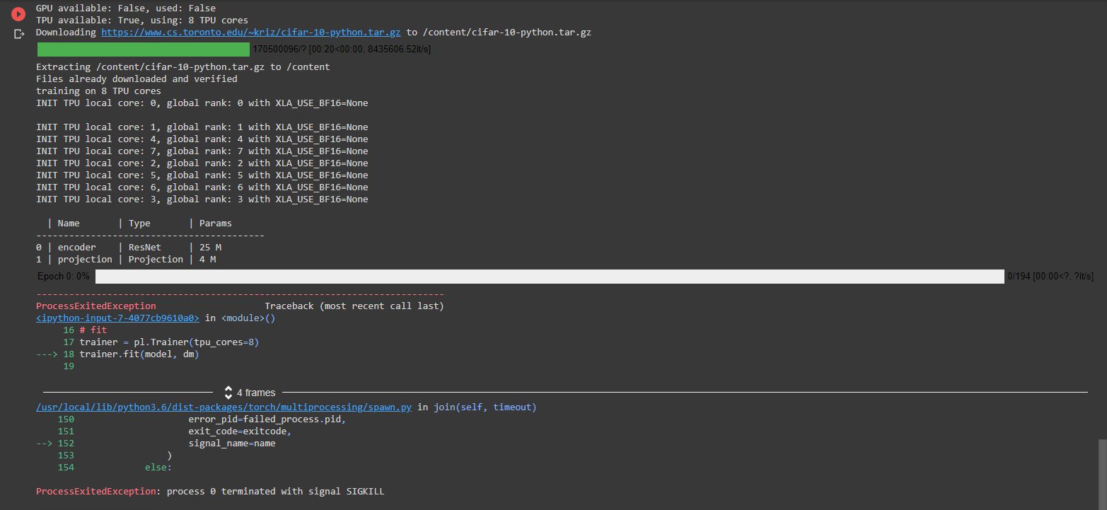 Unable to Train SimCLR using TPU on Colab(times out/crashes) · Issue #326 · Lightning-Universe ...