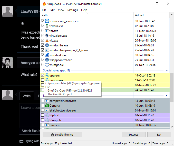 Misleading: Checkbox of items in "special rules apps" list enables full internet access instead ...