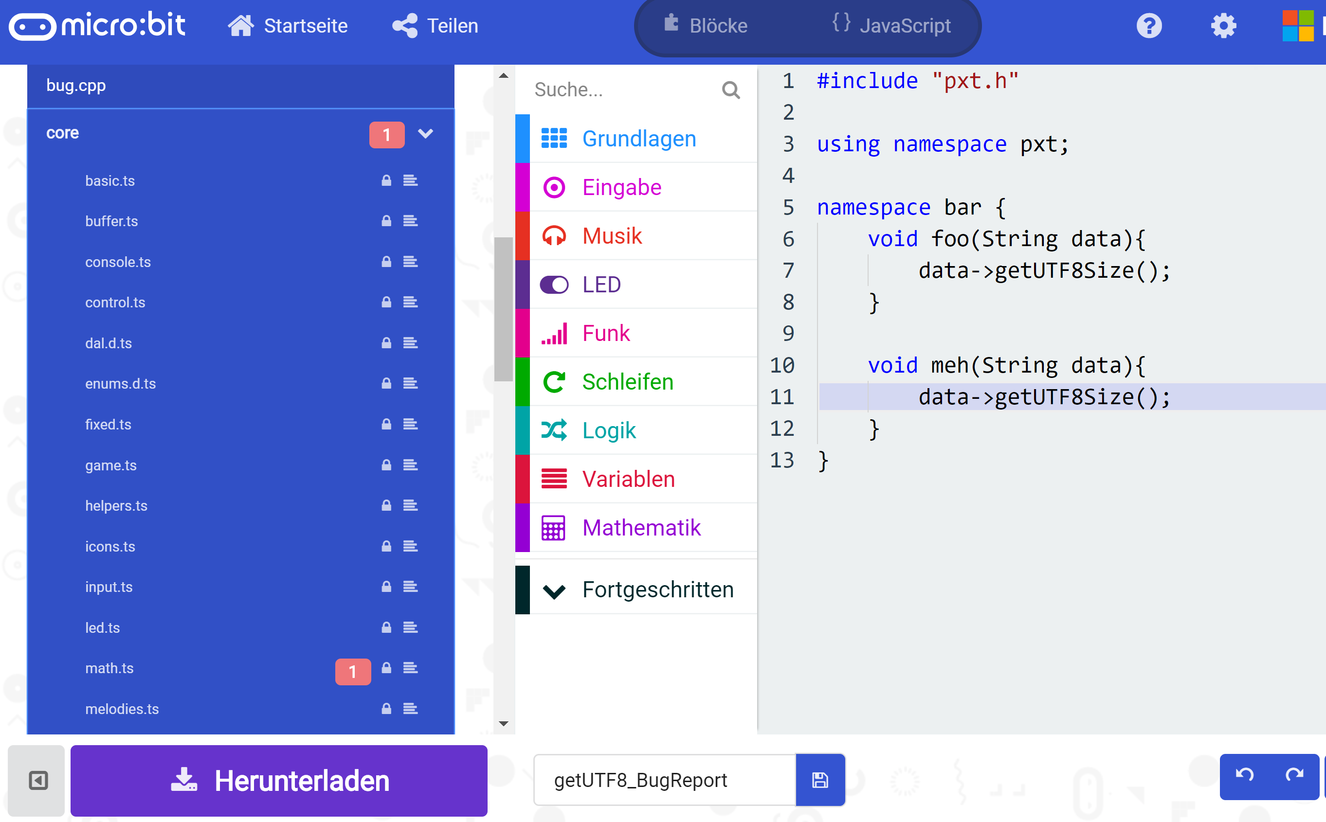 String::getUTF8Data() -> Compilation Failed · Issue #2038 · microsoft/pxt-microbit · GitHub