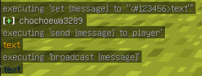 When using 'send' and 'message' effects, hex code in a text variable is ...
