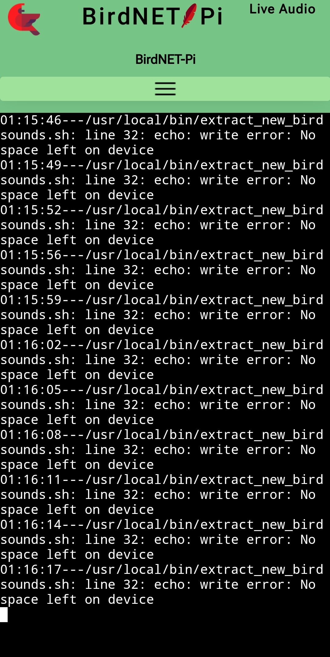 Birdnet-Pi won't update or record any calls · Issue #653 · mcguirepr89/BirdNET-Pi · GitHub