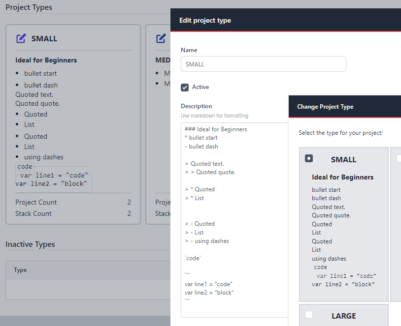 Project Type description is entered in markdown but is not rendered in project selection dialog ...