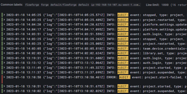 Write audit-log events to the standard log as well · Issue #1409 · FlowFuse/flowfuse · GitHub