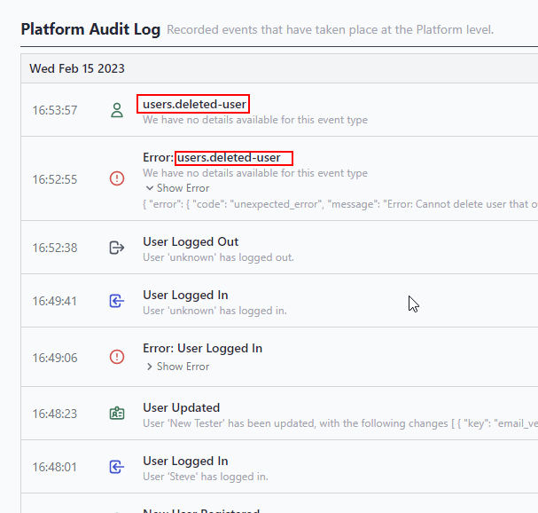 Audit log entries "users.deleted-user", "users.created-user" are not ...