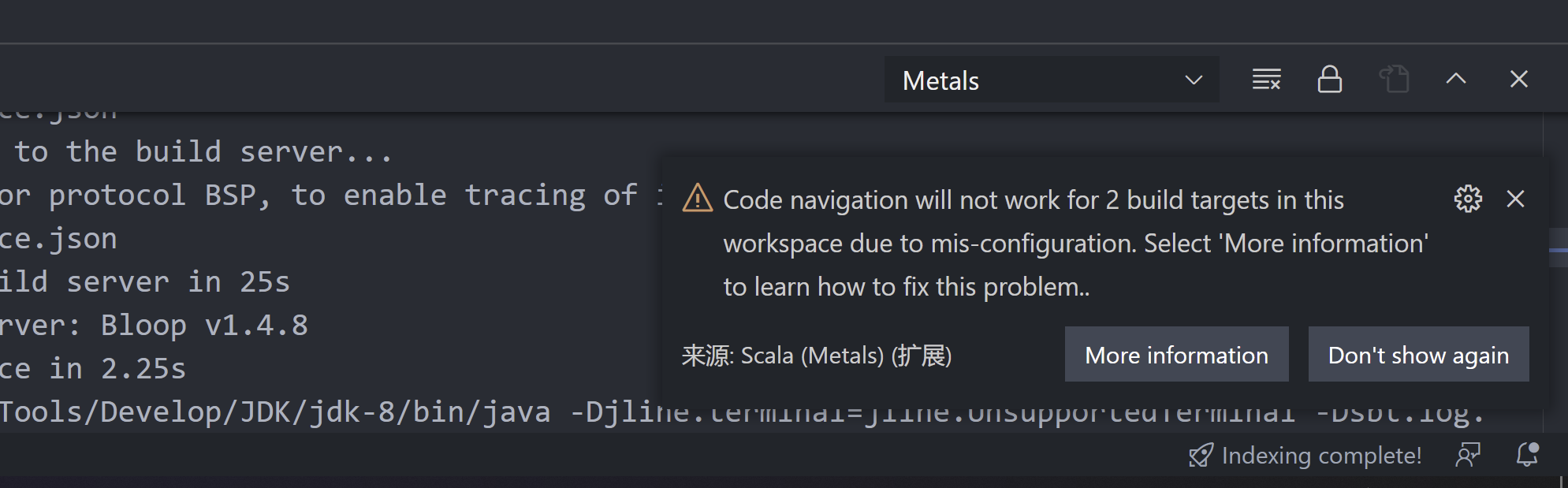 "Code navigation will not work for 2 build targets in this workspace due to mis-configuration ...