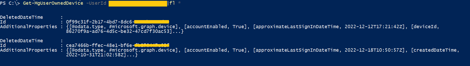 Get-MgUserOwnedDevice returns device metadata as "AdditionalProperties" instead of direct Device ...