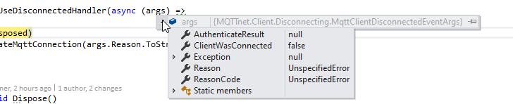 ManagedClient - Args returning from DisconnectedHandler · Issue #1139 · dotnet/MQTTnet · GitHub