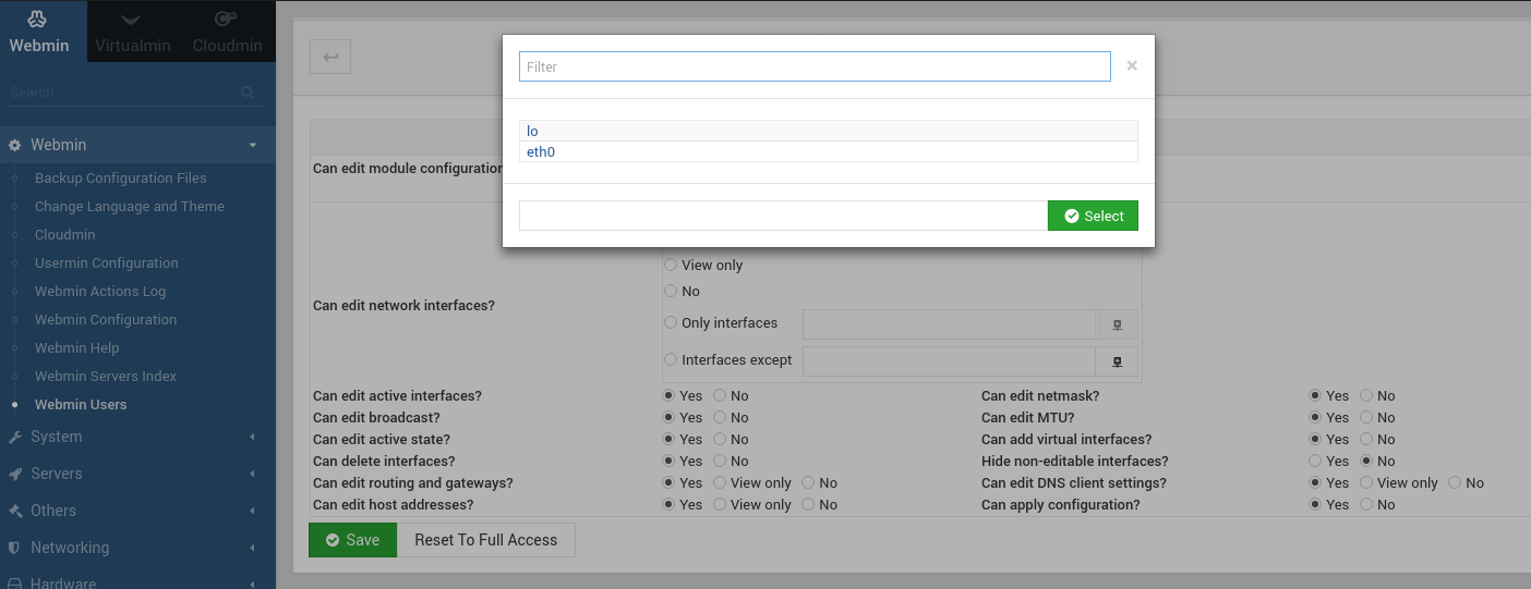 Module Access Control Network Configuration · Issue 1021 · Webmin