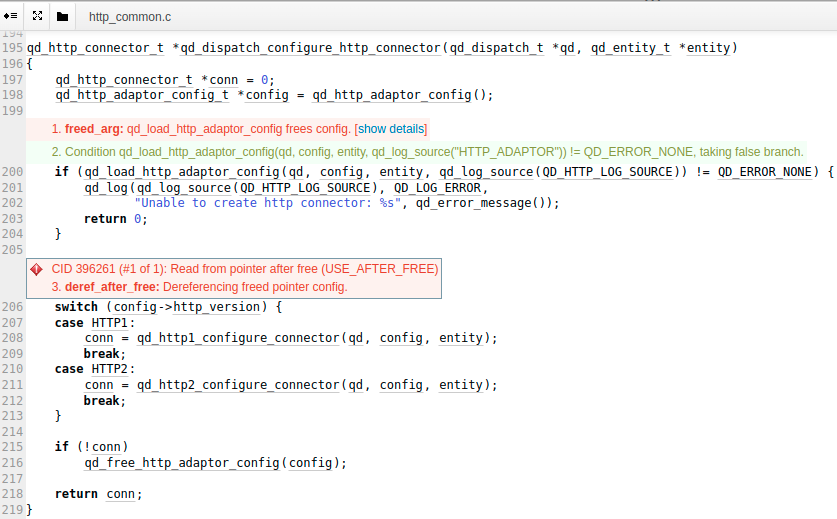 [coverity] double_free: Calling `qd_free_http_adaptor_config` frees pointer `config` which has ...