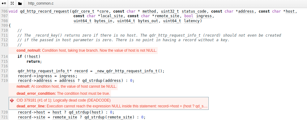 [coverity] dead_error_line: Execution cannot reach the expression `NULL` inside this statement ...