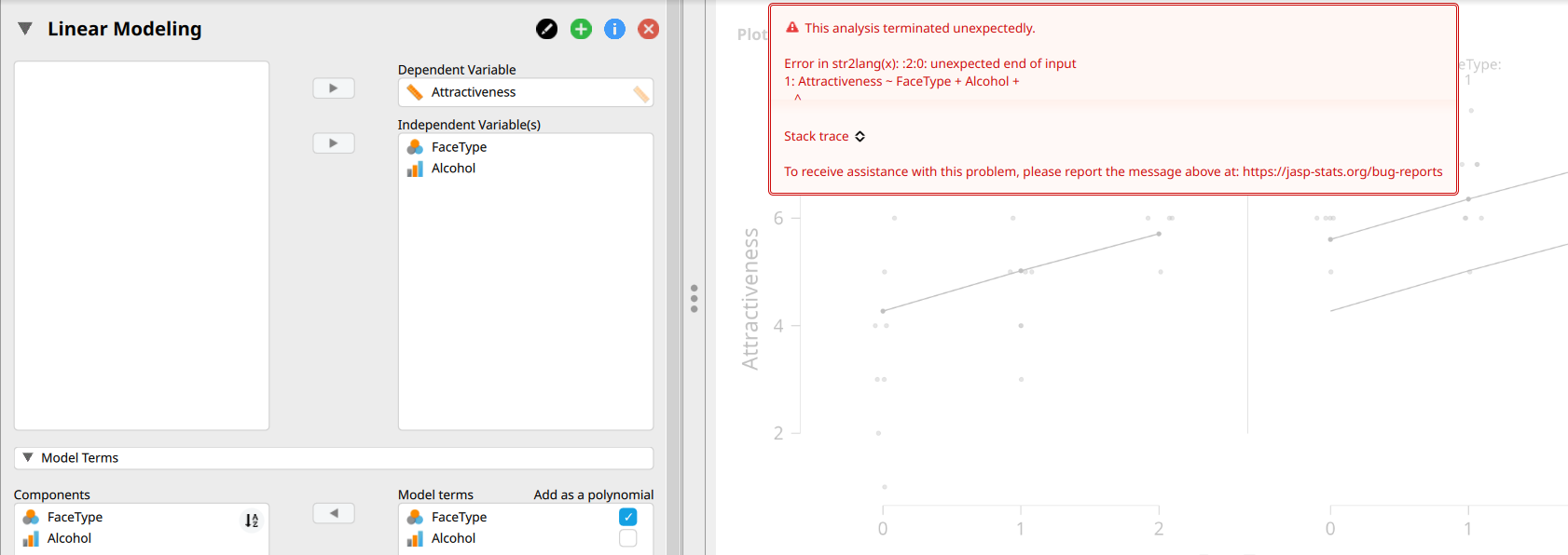 [Bug]: Visual modeling- Linear Modeling failed in 0.16.4 · Issue #1849 · jasp-stats/jasp-issues ...