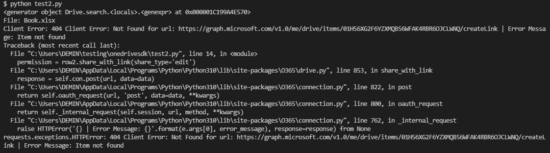 Item Not Found Error for getting sharing link using the endpoint https://graph.microsoft.com/v1 ...