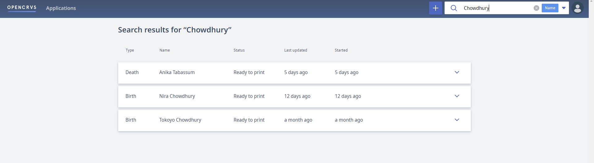 When searching for an application, the Last Updated and Started column in the search result page ...