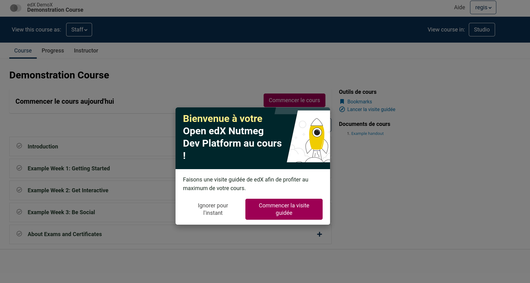 The student onboarding screen includes a hardcoded mention to edX in ...