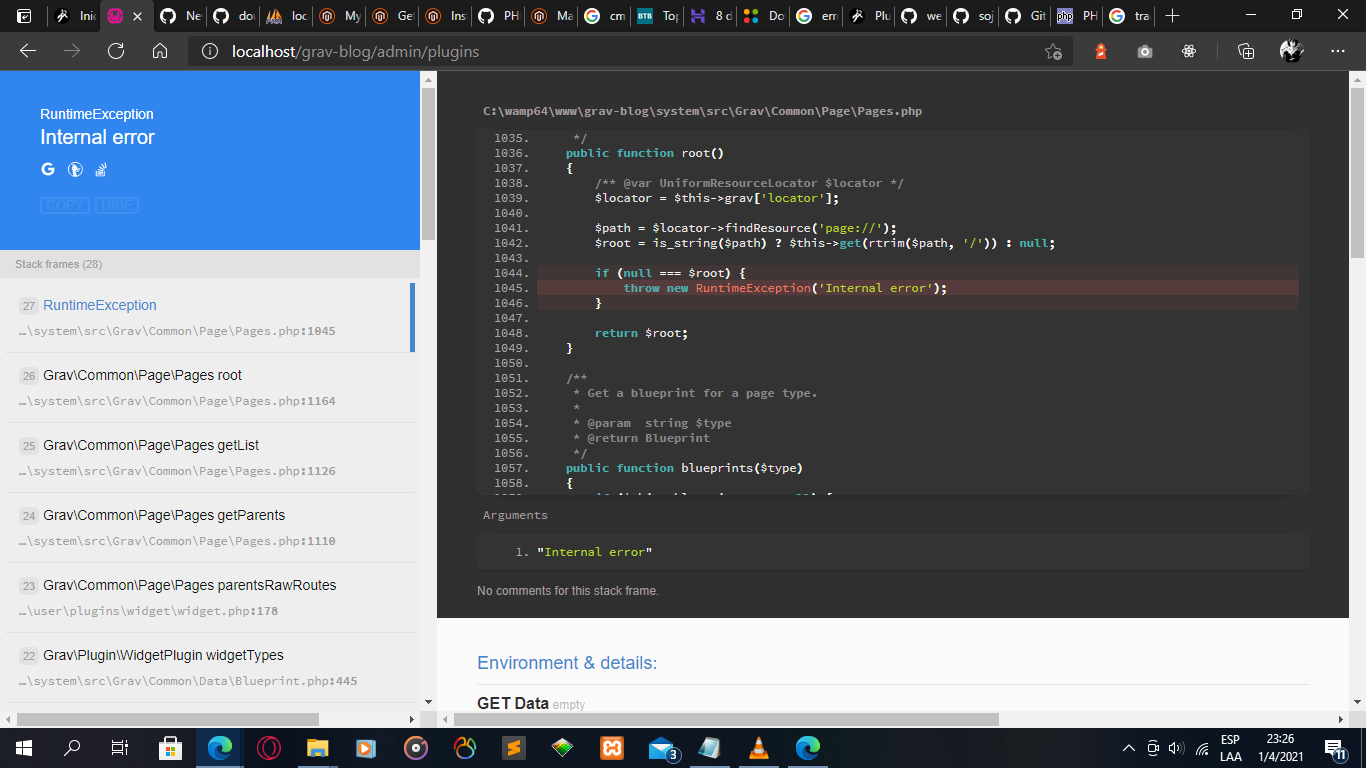 When installing the Grav Widget Plugin it returns an Internal error ...