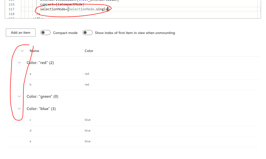 Chevron arrows misaligned on grouped details list when selectionMode={SelectionMode.single ...