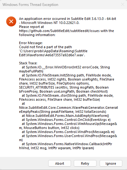 Error when trying to add waveform · Issue #7009 · SubtitleEdit/subtitleedit · GitHub