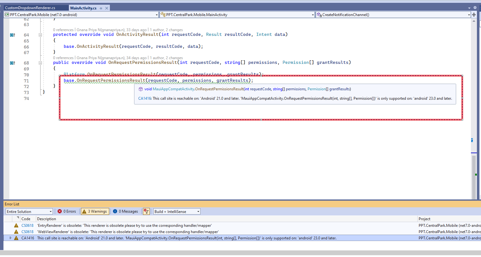 OnRequest permission invoke on mainactivity shows warning as it supports only v23.0 and later ...
