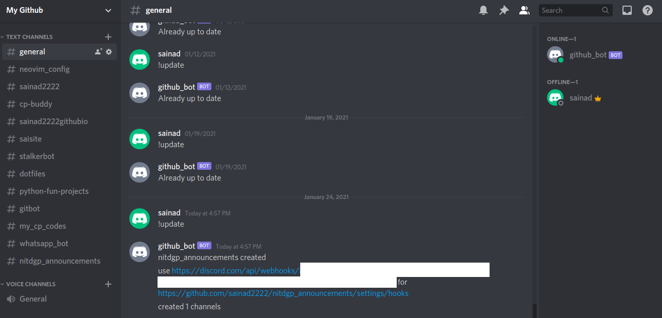 GitHub - sainad2222/gitbot: A discord bot to notify me of my github repo activities via webhooks
