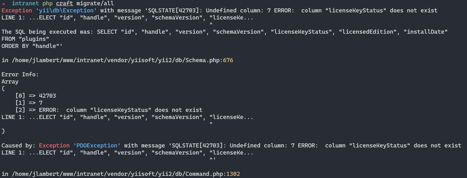 [4.x]: Undefined column: 7 ERROR: column "licenseKeyStatus" does not exist · Issue #12836 ...