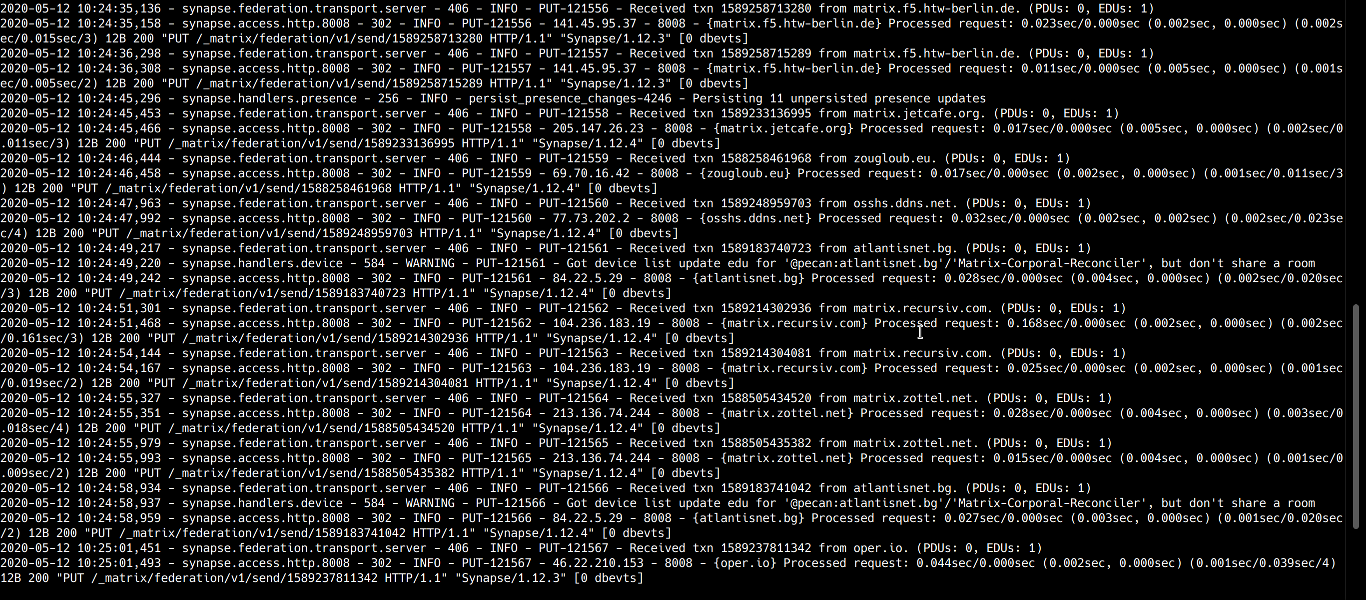 Synapse receiving improper federation traffic · Issue #7425 · matrix-org/synapse · GitHub