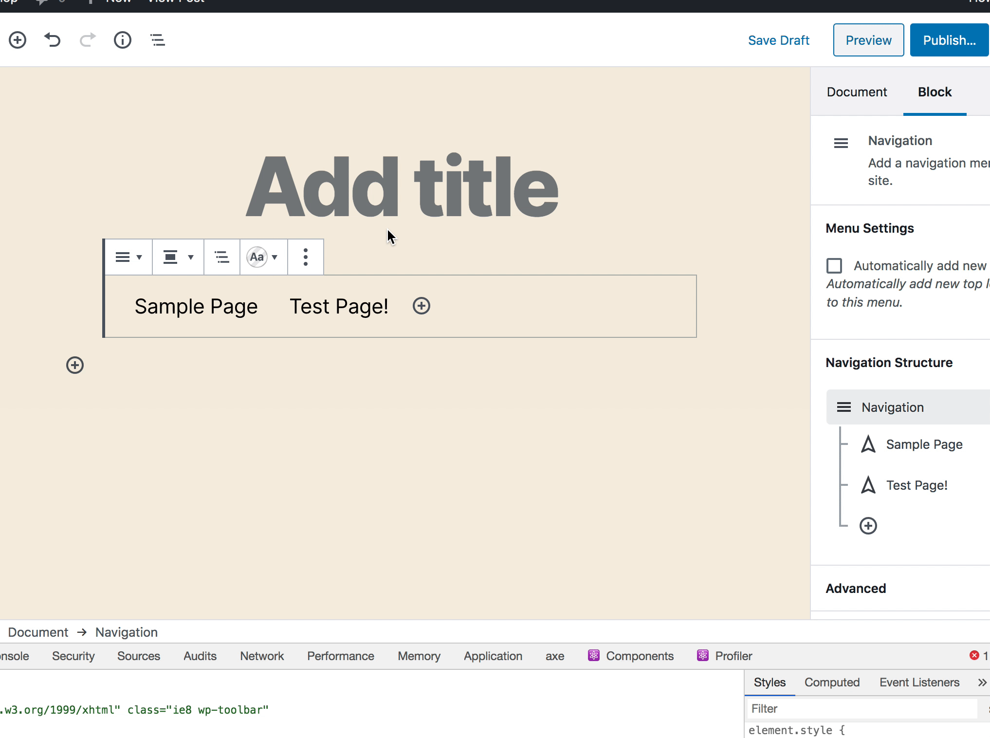 Navigation Block: Caret isn't visible when menu item is selected but ...