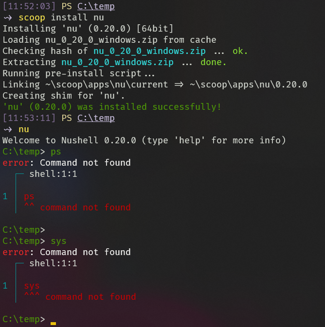 scoop install does not include ps and sys built-ins · Issue #2633 · nushell/nushell · GitHub