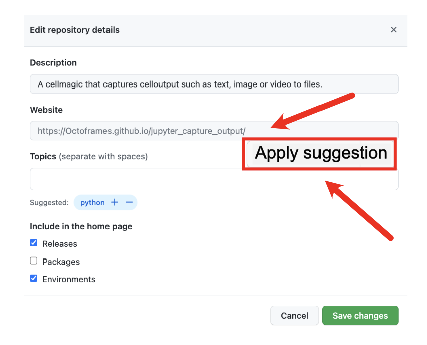 "Apply suggestion" button for suggested page in "repository details" menu · community ...
