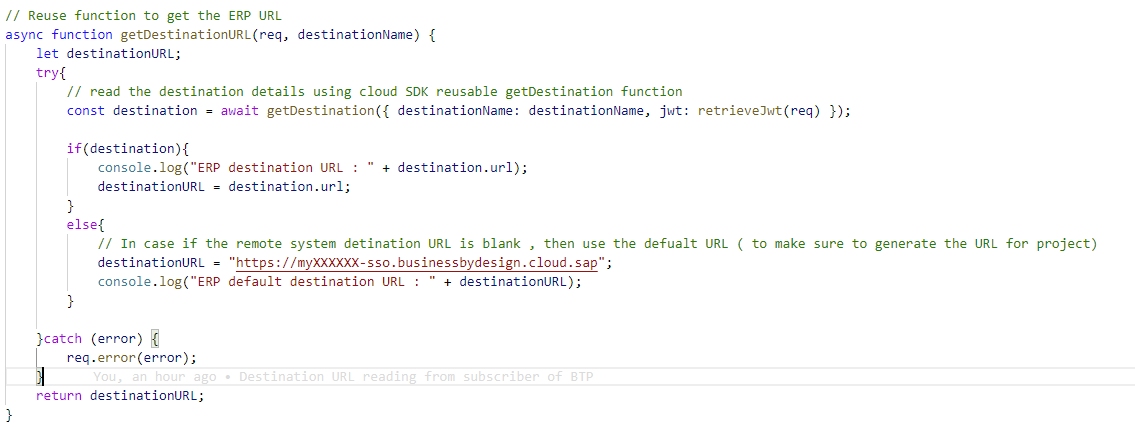 How to read destination URL property in Java script ( CAP NodeJS application ) deployed on Cloud ...