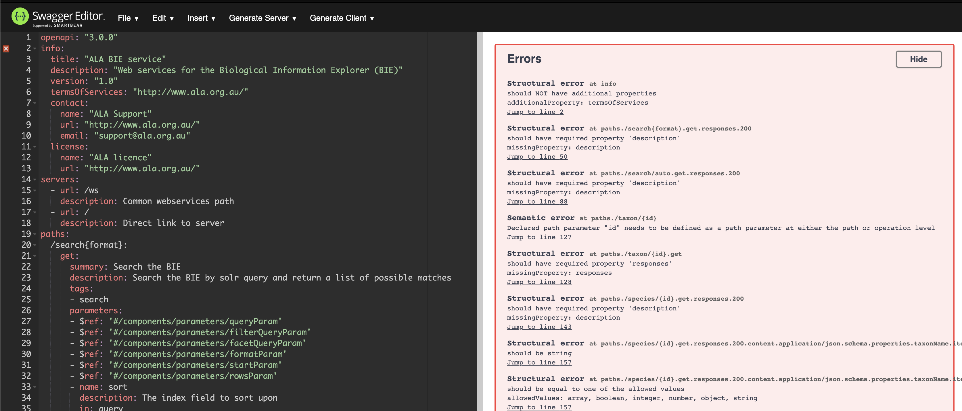 OpenAPI YAML fails validation · Issue #331 · AtlasOfLivingAustralia/bie-index · GitHub