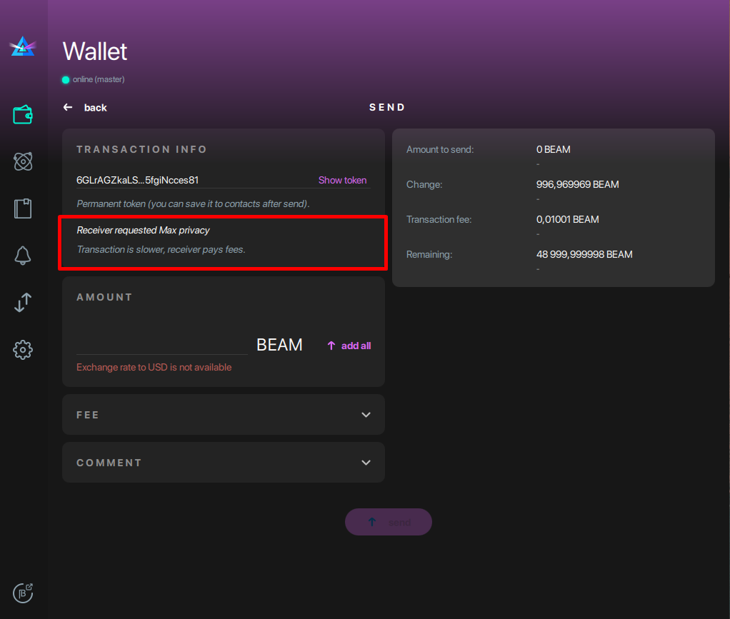 Send screen - regular/max privacy/non-interactive transactions · Issue #85 · BeamMW/beam-ui · GitHub