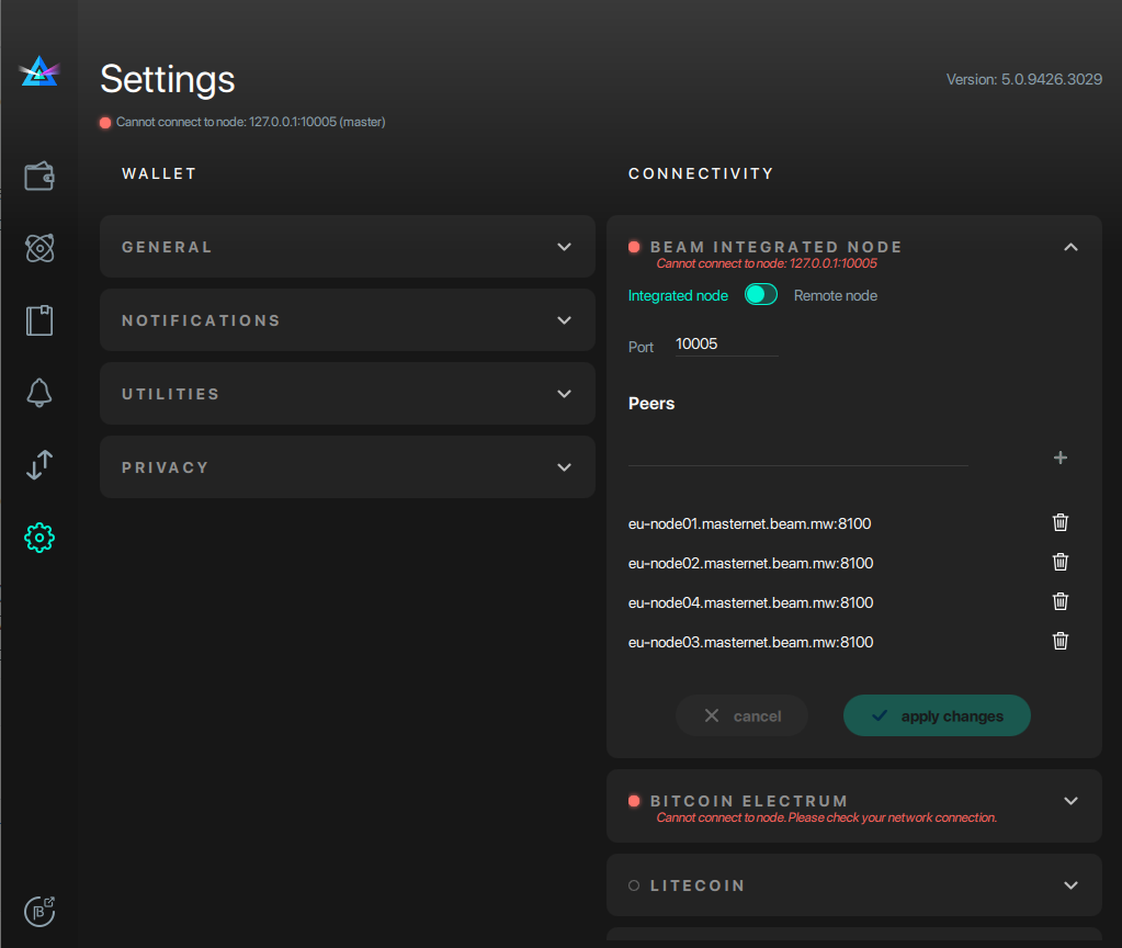 UI Settings - Wallet is connected to remote node instead of showing an error that port in use ...